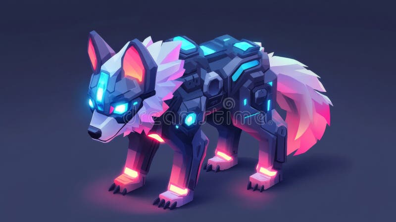 Cyberpunk Wolf Pixel Art: Neon Glowing Robotic Animal Stock Illustration - Illustration of neon ...