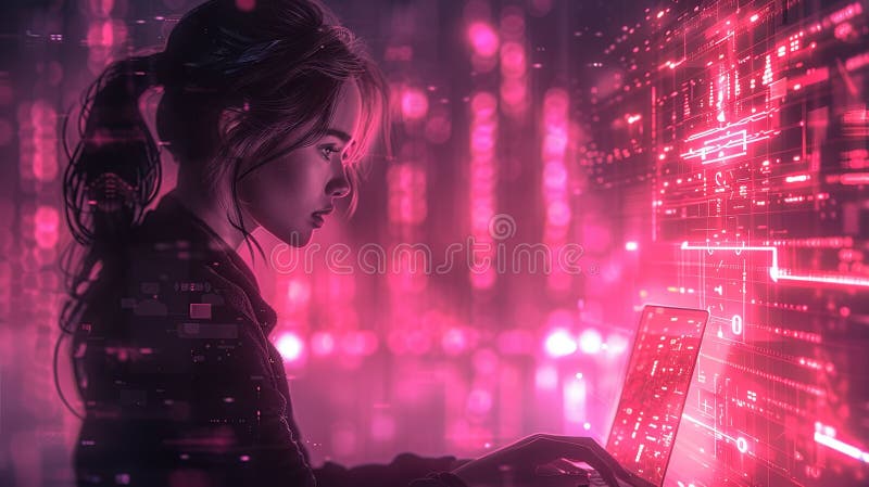 Cyberpunk Woman Coding stock illustration. Illustration of digital ...