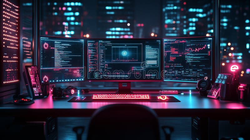 Cyberpunk Workspace with Multiple Monitors Displaying Complex Data Stock Illustration ...
