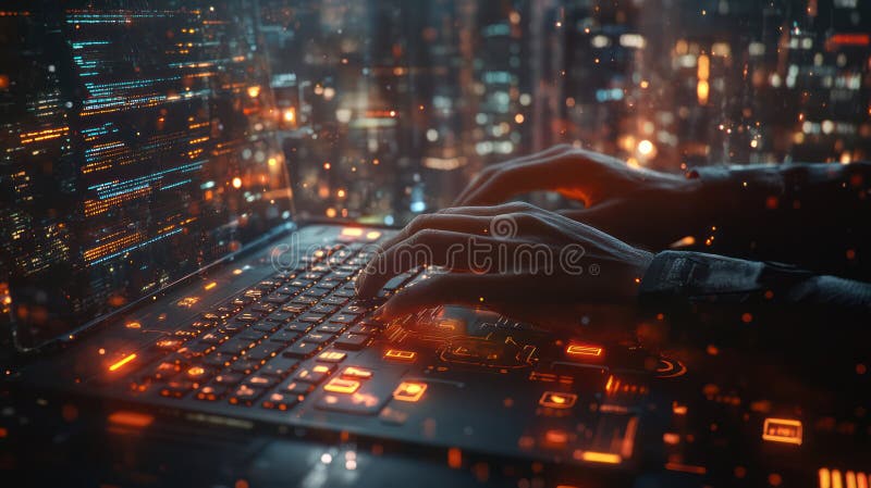 Cybersecurity in Action: Hands Typing on Laptop Keyboard with Digital Data and City Lights ...