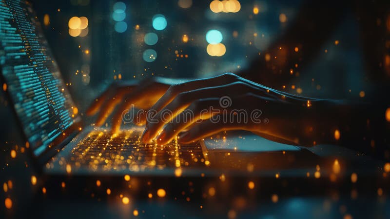 Cybersecurity in Action: Hands Typing on Laptop Keyboard with Digital ...