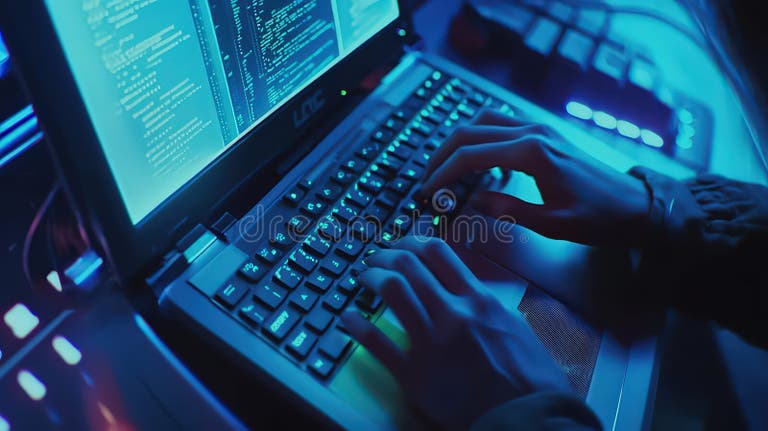 Cybersecurity Action in Tech Lab Hands on Keyboard Nighttime Code Development Scene Digital ...