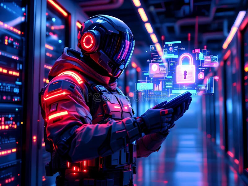 Cybersecurity Agent Protecting Data in Neon Lit Server Room Stock ...