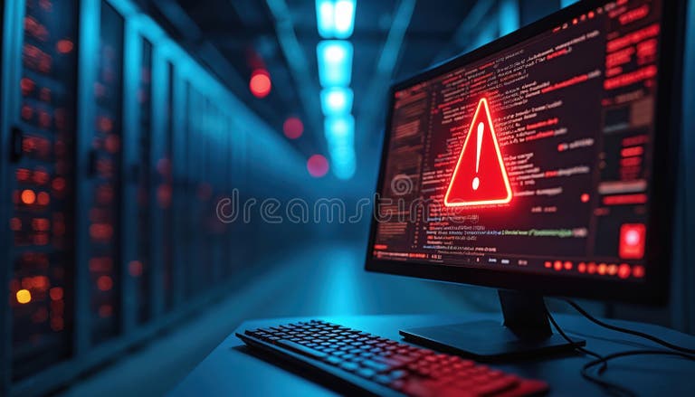 Cybersecurity Alert on Computer Screen in Server Room. Red Warning ...