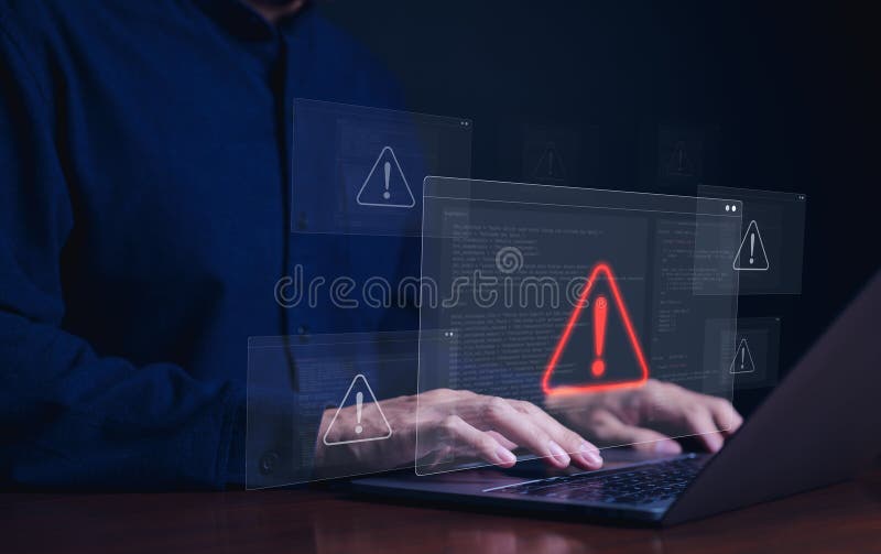 Cybersecurity Alert Concept. Person Using Laptop with Multiple Warning ...
