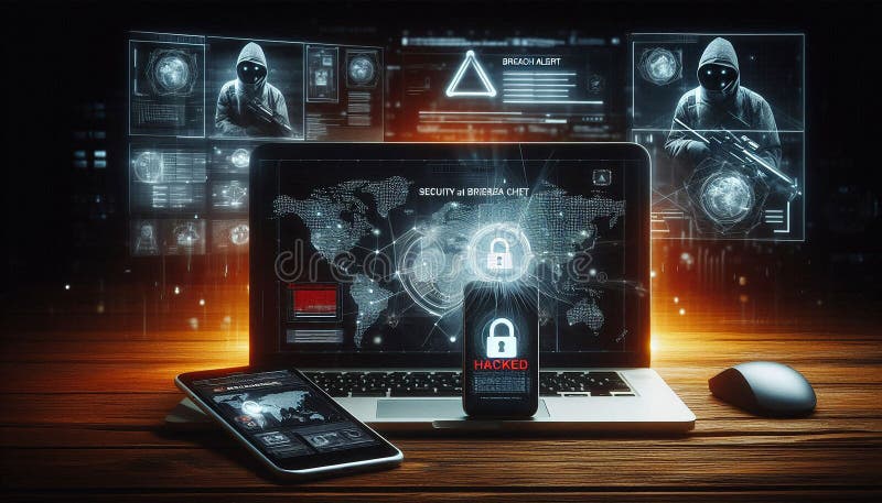 Cybersecurity Alert with Hacked Devices and Dark Themes Stock ...