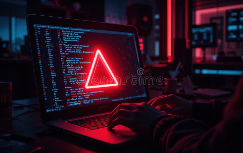 Cybersecurity Alert Neon Triangle Warning Red Digital Code Laptop ...