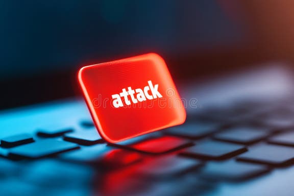 Cybersecurity Alert Warning with a Red Attack Button on a Computer ...