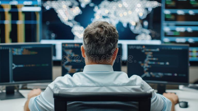 A Cybersecurity Analyst Monitoring Cybersecurity Data on Multiple Computers in High-Tech Control ...