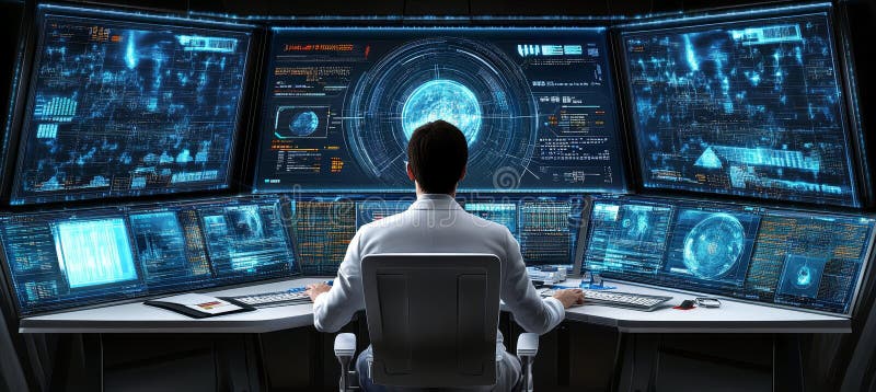 Cybersecurity Analyst Monitoring Multiple Screens with Data Analysis ...