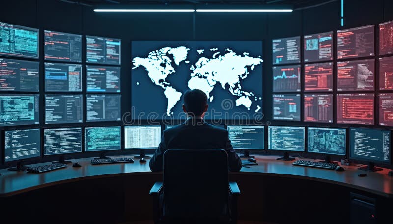 Cybersecurity Analyst Monitors Data Streams on Multiple Screens, World Map. Surveillance Tech ...