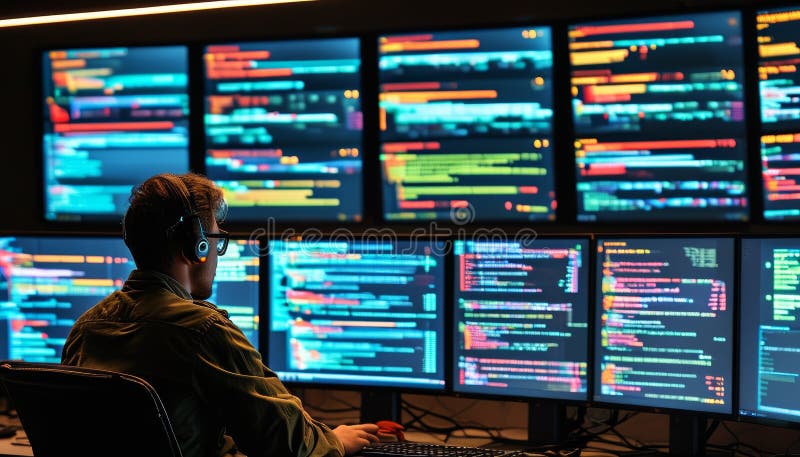 A Cybersecurity Analyst Observes Numerous Screens with Real-time Data ...