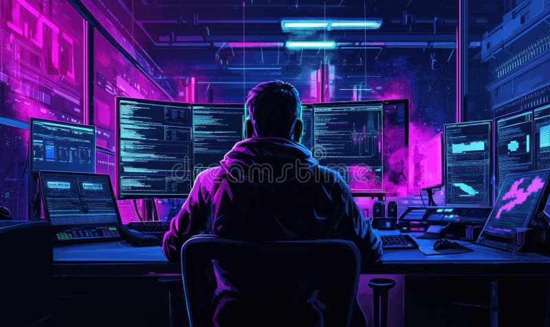 Cybersecurity Analyst Working in High-tech Control Room with Multiple ...