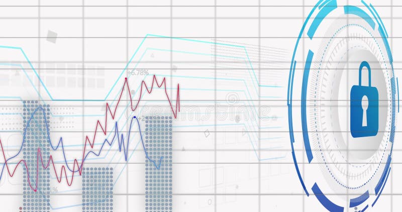 Cybersecurity Animation with Lock Symbol Over Fluctuating Data Charts ...