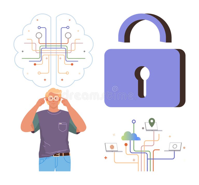Cybersecurity and Artificial Intelligence Concept with Brain, Lock, and ...