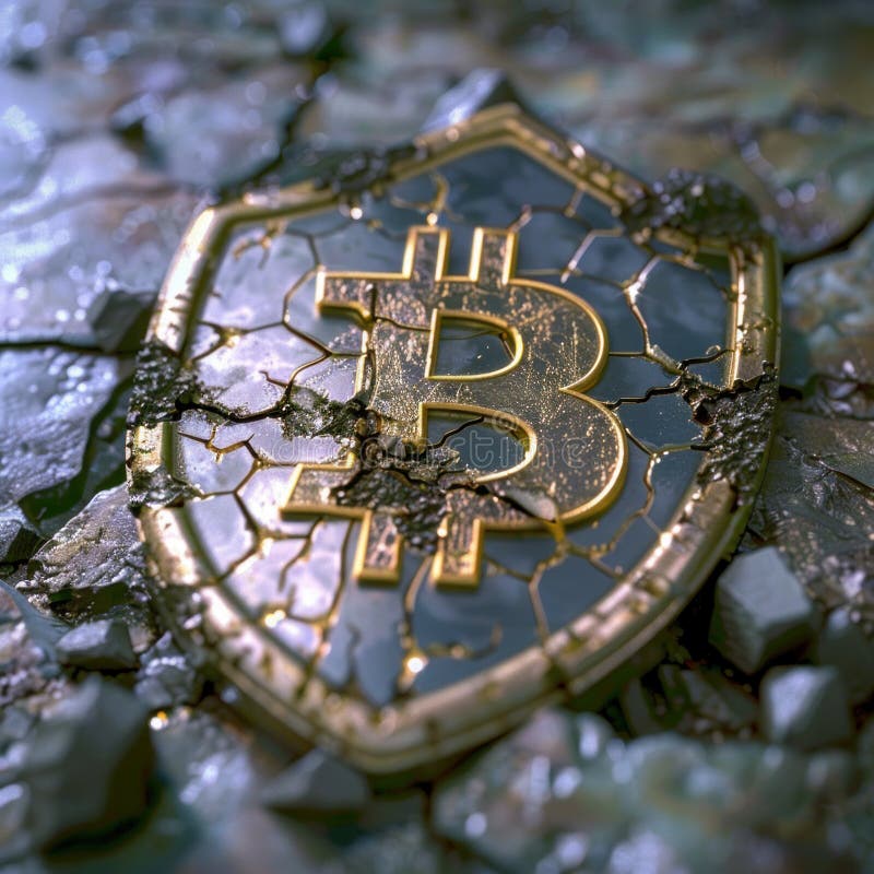 Cybersecurity Breach a Broken Shield with Bitcoin Logos Representing ...
