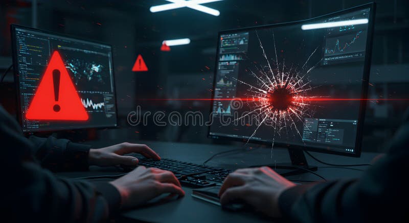 Cybersecurity Breach Concept with Damaged Screen and Hacker Hands on ...