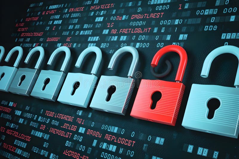 Cybersecurity Breach Concept with Open Red Padlock among Secure Locks on Digital Data Background ...