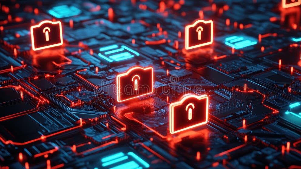 Cybersecurity Breach with Glowing Red Unlocked Folder Icons on a ...