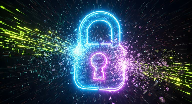 Cybersecurity Breach: Neon Padlock Exploding into Digital Data Stream ...