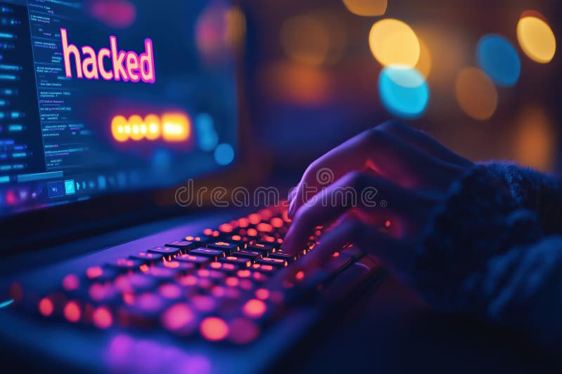 Cybersecurity Breach Reflected in Glowing Laptop Keyboard at Night ...