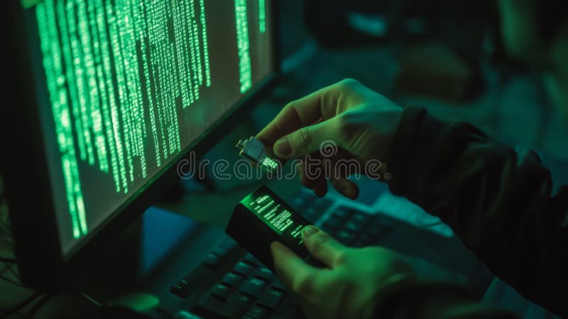 Cybersecurity Breach with USB Device and Green Code Display Stock Photo ...