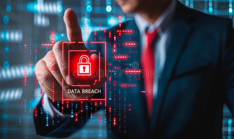 Cybersecurity Breach Warning. Businessman Pointing at Red Data Breach ...