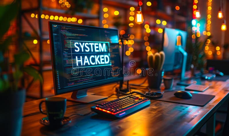 Cybersecurity Breach Warning with SYSTEM HACKED Alert on a Computer ...