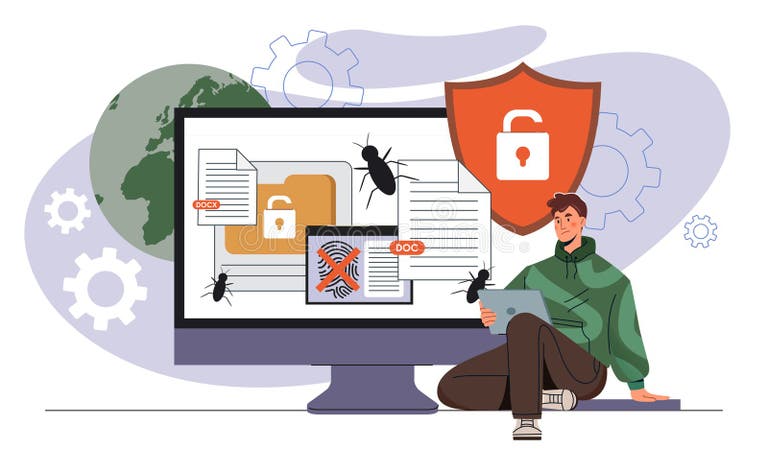 Cybersecurity Bug Attack on Documents. Vector Illustration Stock ...