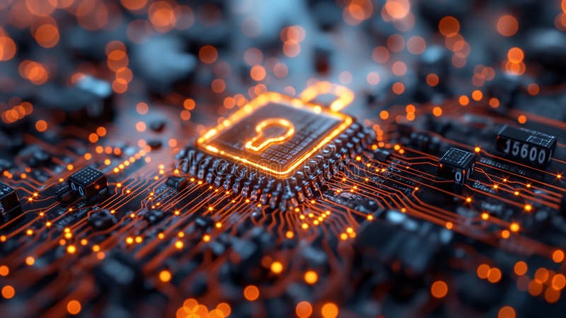 Cybersecurity Chip with Glowing Lock Symbol on Circuit Board Stock ...