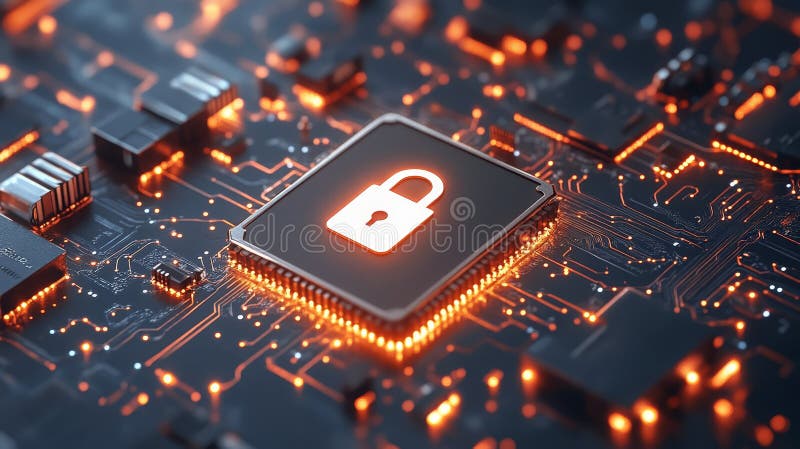 Cybersecurity Chip with Glowing Padlock Symbol Stock Illustration ...
