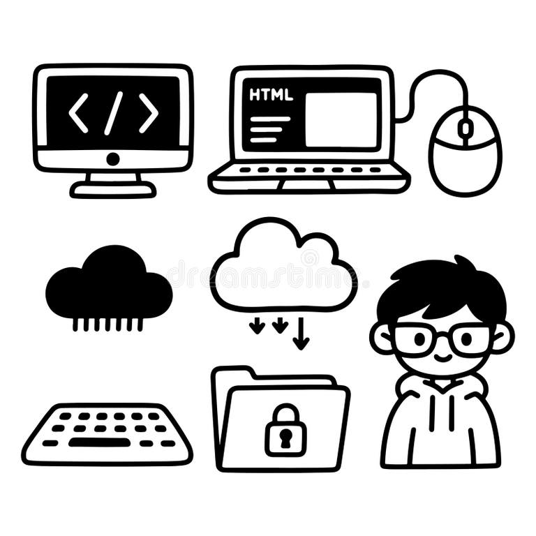 Cybersecurity and Coding Doodle - Tech Vector Illustration Stock Vector ...