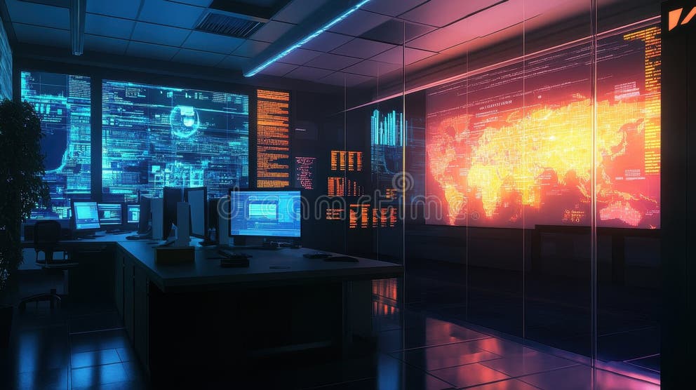 A Cybersecurity Command Center is Bustling with Activity at Night, Showcasing Multiple Screens ...