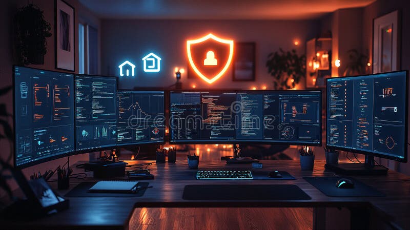 Cybersecurity Command Center with Multiple Monitors and Neon Security Icons. AI Generated. Stock ...