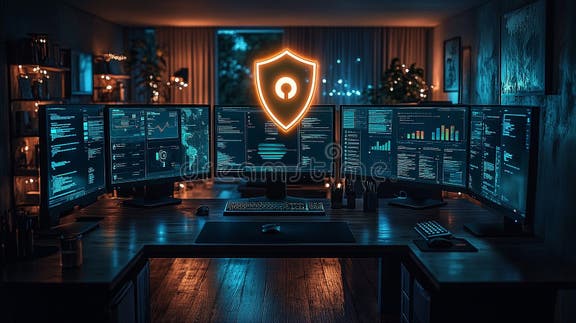 Cybersecurity Command Center with Multiple Monitors and Neon Security ...