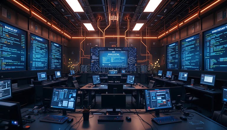 Cybersecurity Command Center with Multiple Screens Displaying Code and ...