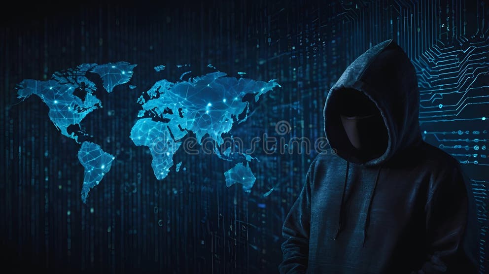 Cybersecurity, Computer Hacker with Hoodie and Obscured Face, Computer Code Overlaying Image ...