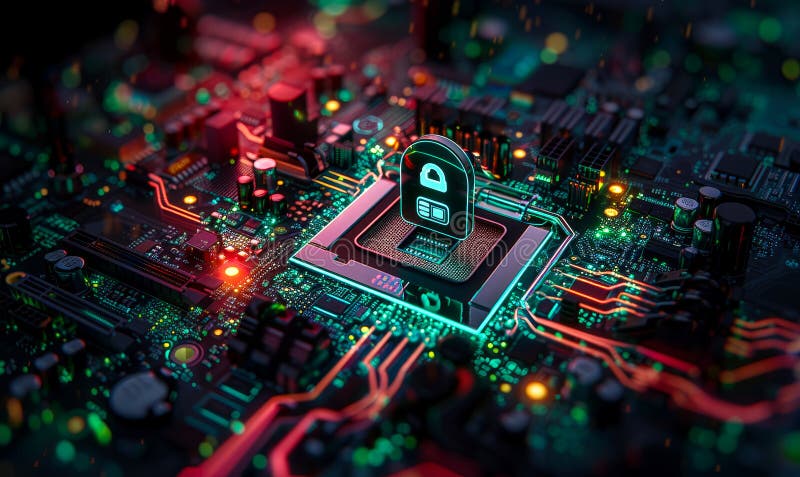 Cybersecurity Computer Motherboard Closeup with Lock Login Credentials ...