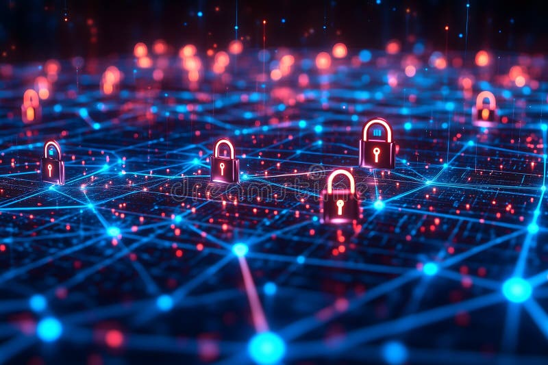 Cybersecurity Concept Background. a Neon Blue Network Connects Several ...