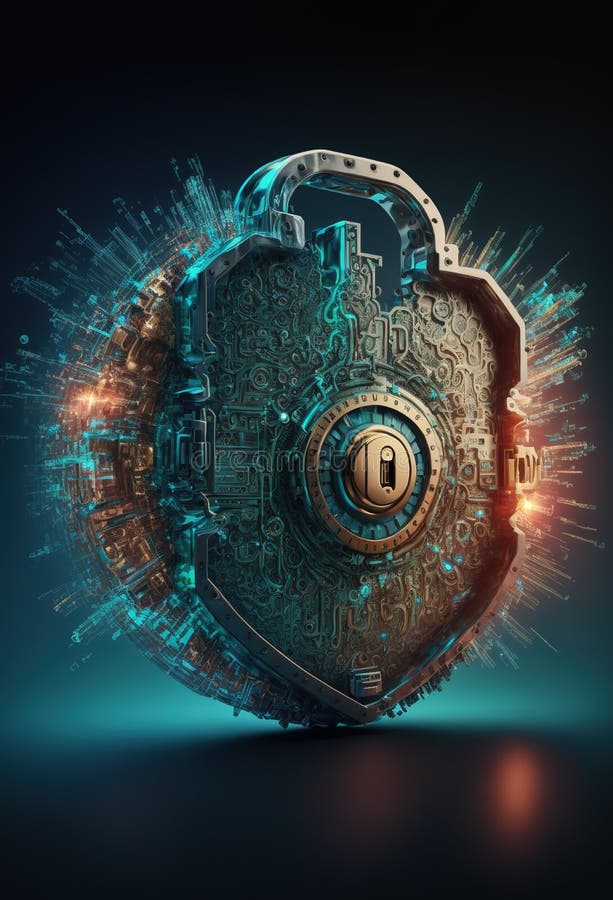 Cybersecurity Concept. Big Technological 3D Shield Protection Icon ...
