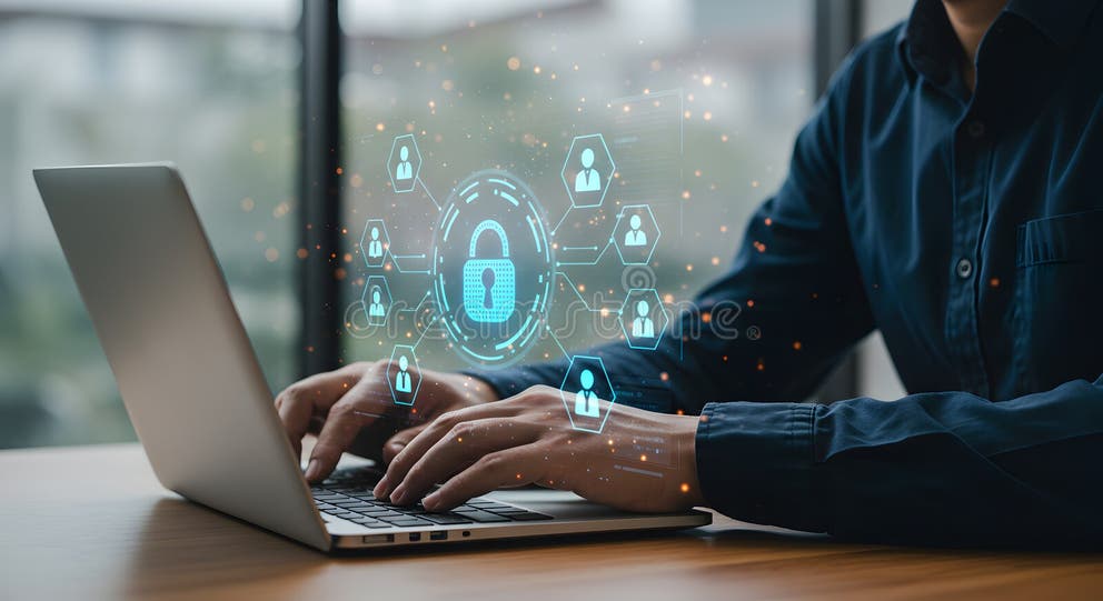 Cybersecurity Concept of Business Man Using Laptop with Lock Security ...