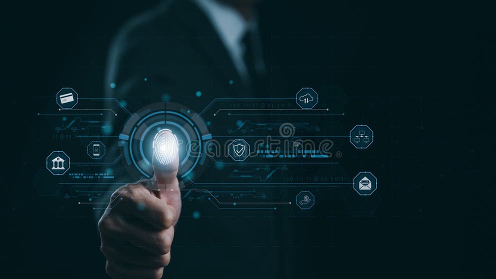 Cybersecurity Concept. Businessman Using Thumb To Scan Fingerprint or ...
