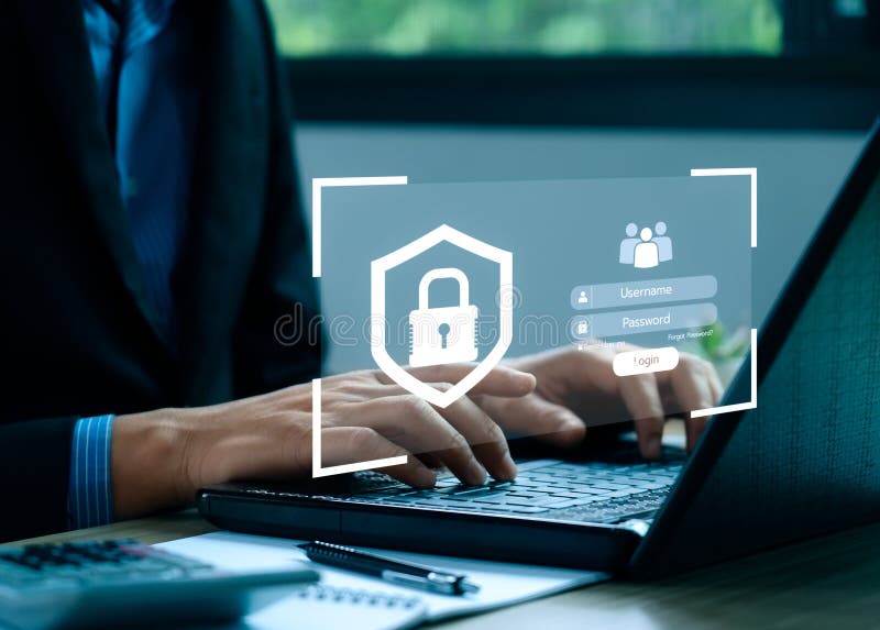 Cybersecurity Concept Businessmen Protecting Personal Data On Laptops