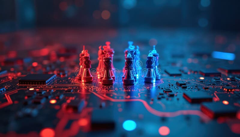 Cybersecurity Concept with Chess Pieces on Circuit Board Background in ...
