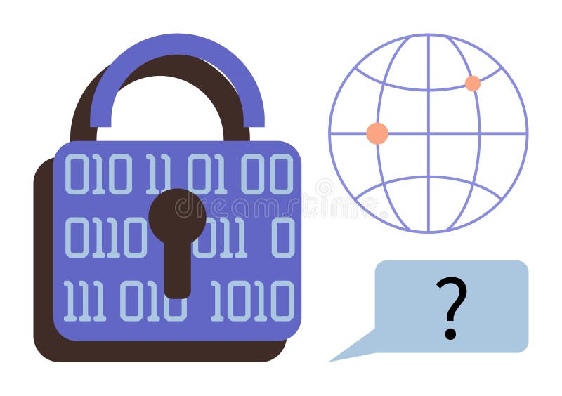 Cybersecurity Concept with Data Lock, Binary Code, Globe, and Question Bubble Stock Vector ...