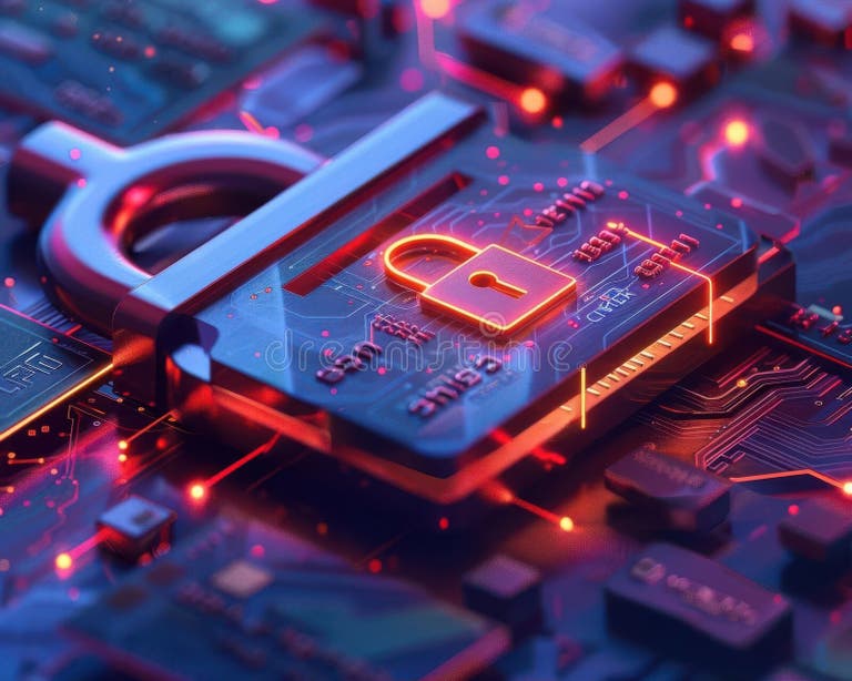 Cybersecurity Concept with Digital Lock and Circuit Boards Close-Up ...
