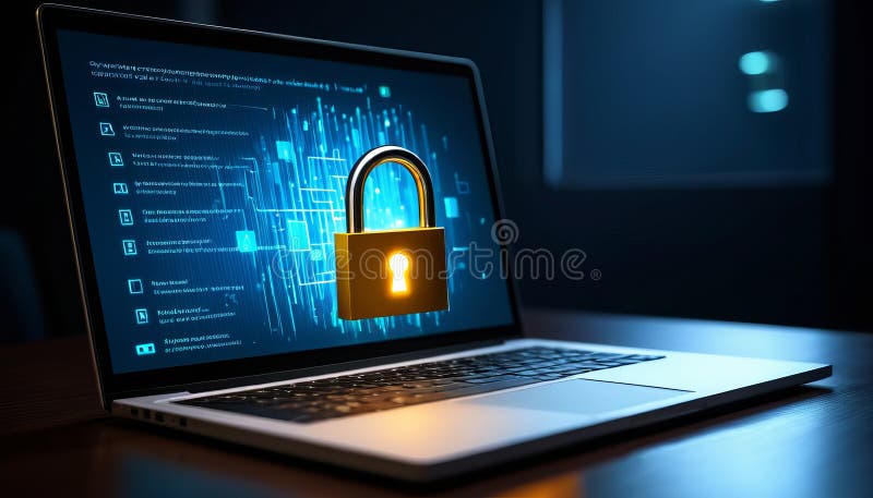 Cybersecurity Concept with Digital Lock on Laptop Screen in Dark Room ...