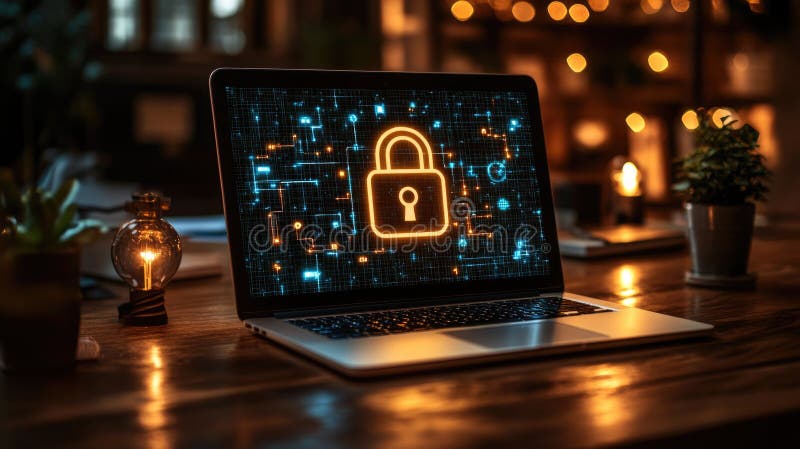 Cybersecurity Concept with Digital Lock Symbol on Laptop Screen in Warm ...