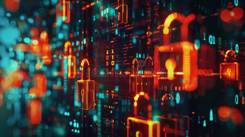 Cybersecurity Concept with Digital Locks and Data Stream Stock Photo - Image of padlocks, coding ...