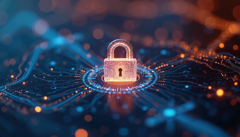 Cybersecurity Concept. Digital Padlock, Encryption. Futuristic Optics, Blue, Orange Bokeh Spots ...